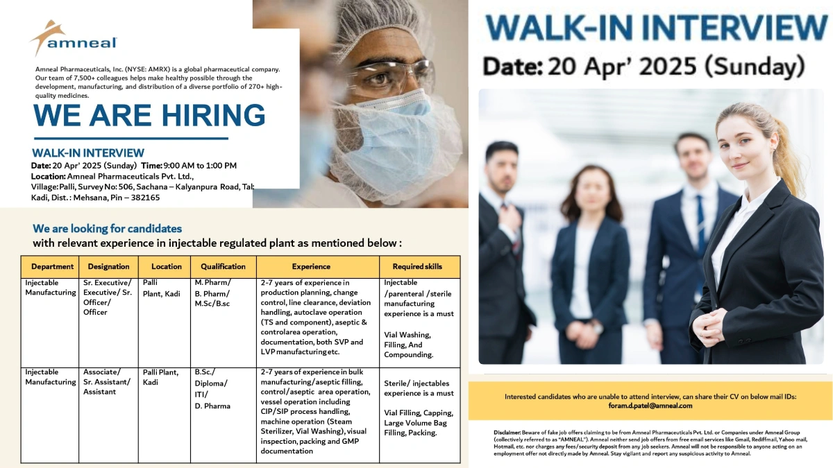Amneal Pharmaceuticals Pvt. Ltd. – Walk-In Interview for Injectable ...