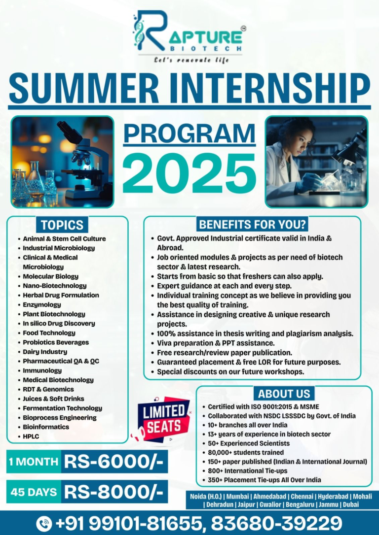 Summer Internship Program 2025 at Rapture Biotech – Let’s Renovate Life ...