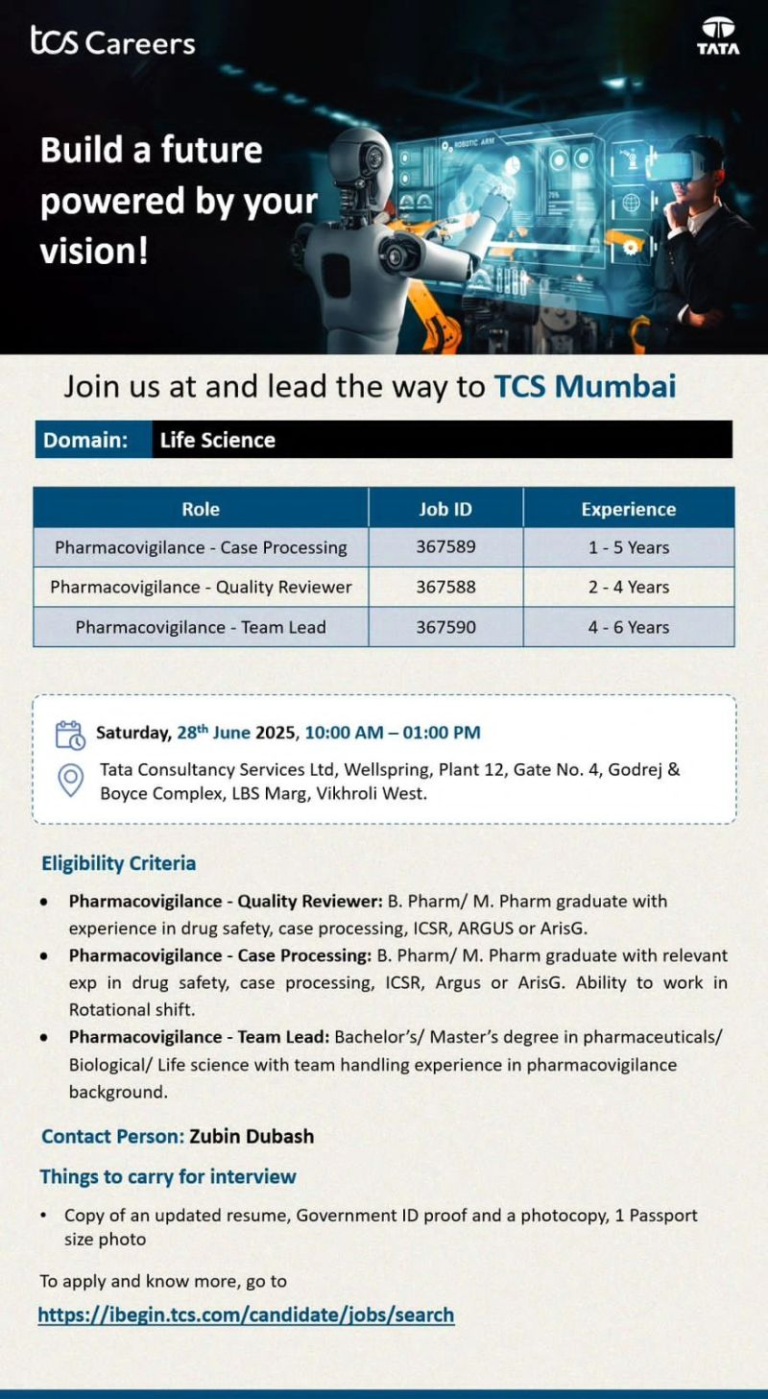 TCS Walk-In Interview for Pharmacovigilance Roles on 28th June - Pharma ...