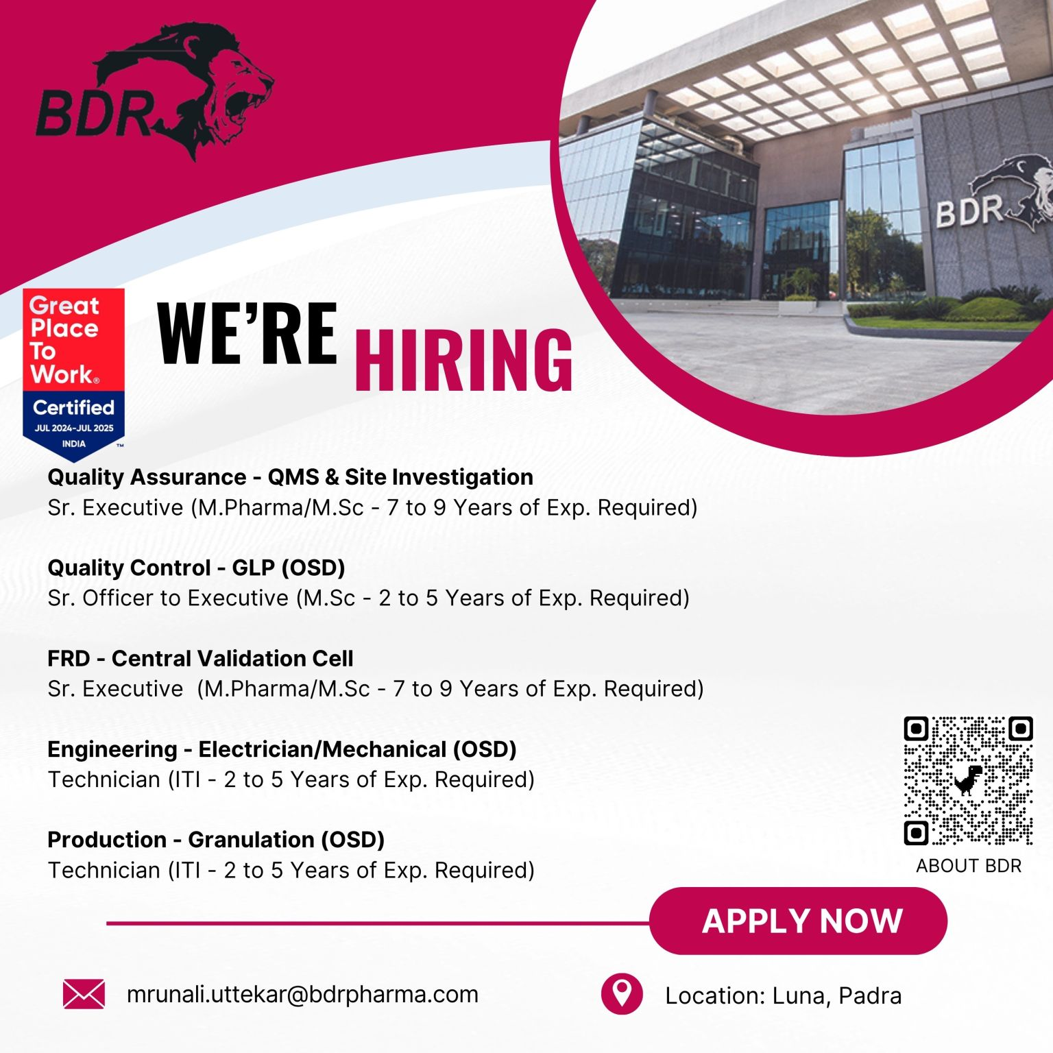 BDR Pharmaceuticals Walk-In Drive for Quality Assurance, Quality Control, FRD, Engineering, and ...