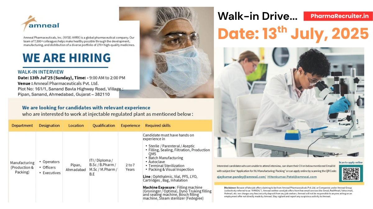 Amneal Pharmaceuticals Walk-In Interview – Injectable Manufacturing ...