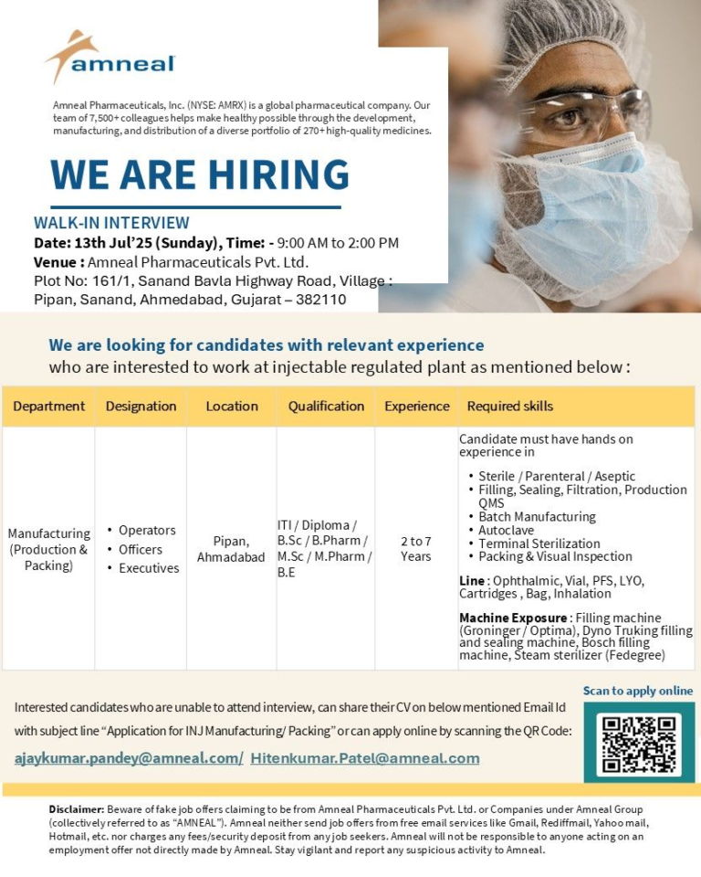 Amneal Pharmaceuticals Walk-In Interview – Injectable Manufacturing ...