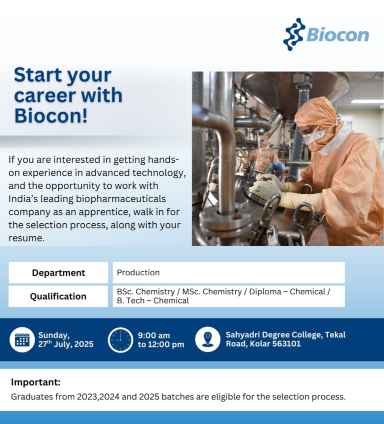 Biocon Walk-In Interview for Apprentices on 27th July 2025 - Pharma Recruiter