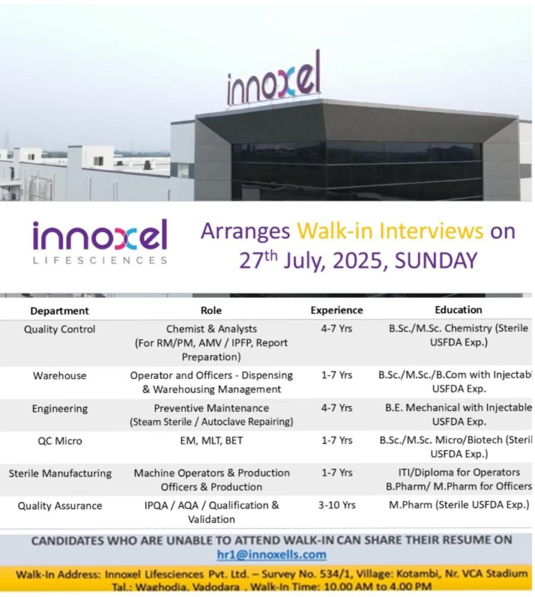 Innoxel Lifesciences Walk-In Interviews for QA, QC, Warehouse and Engineering Job Roles on 27th ...