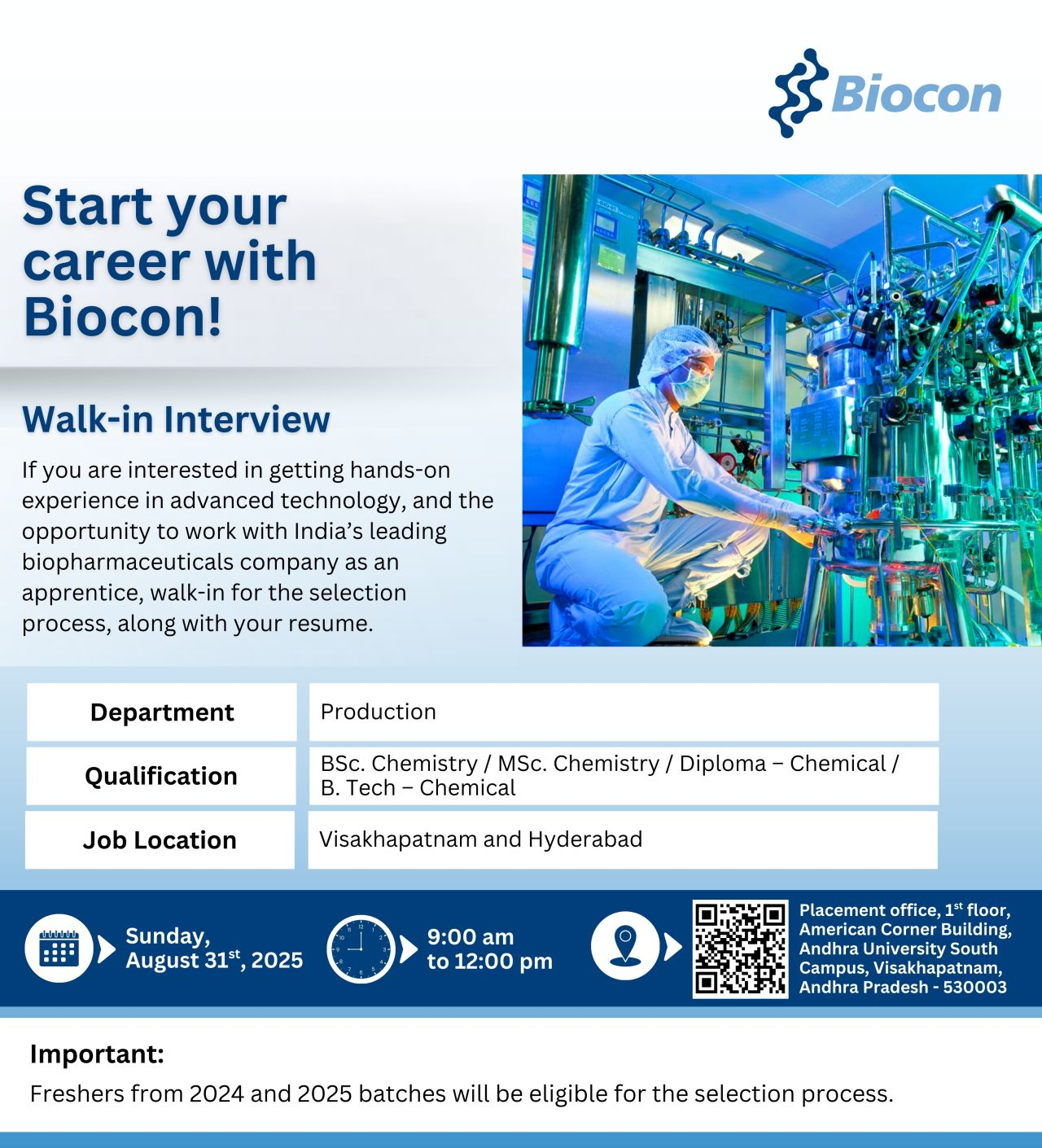 Biocon Careers – Walk-In Interview for Apprenticeships on 23rd & 31st August 2025 - Pharma Recruiter