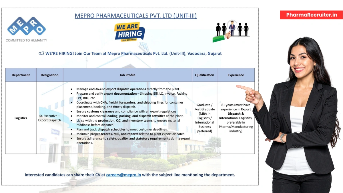 Mepro Pharmaceuticals Hiring Sr. Executive – Export Dispatch in ...