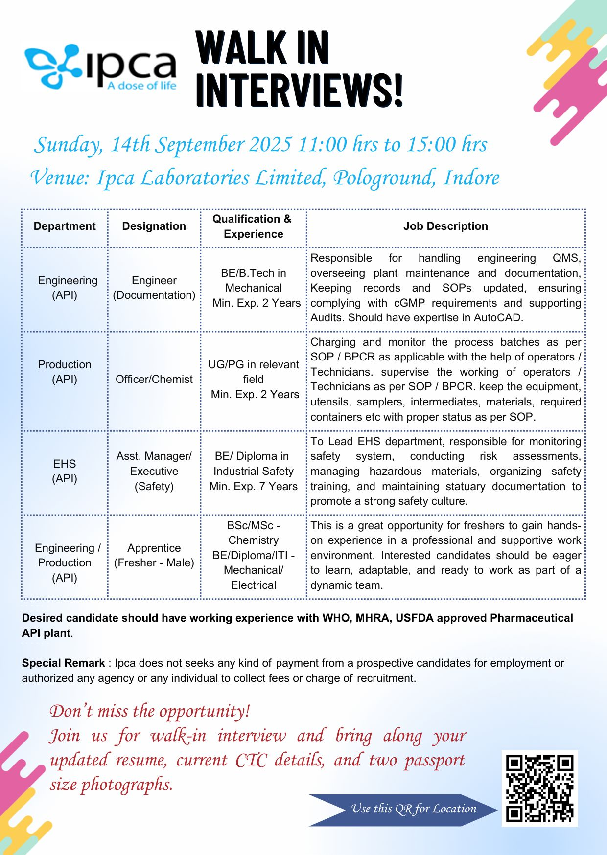 Ipca Laboratories Walk-in Interview on 14th September 2025 – Indore ...