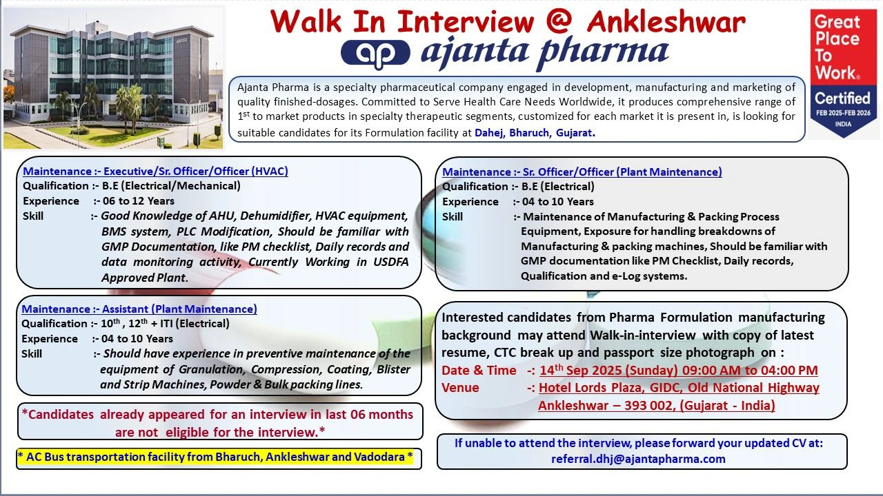 Ajanta Pharma Walk-In Interview – Formulation Facility, Dahej on 14th September 2025 - Pharma ...
