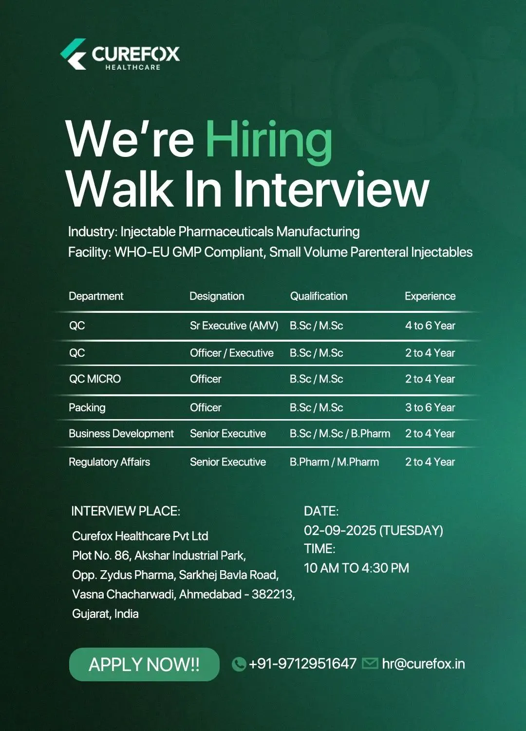 Curefox Healthcare Walk-In Interview in Ahmedabad – 2nd September 2025 - Pharma Recruiter