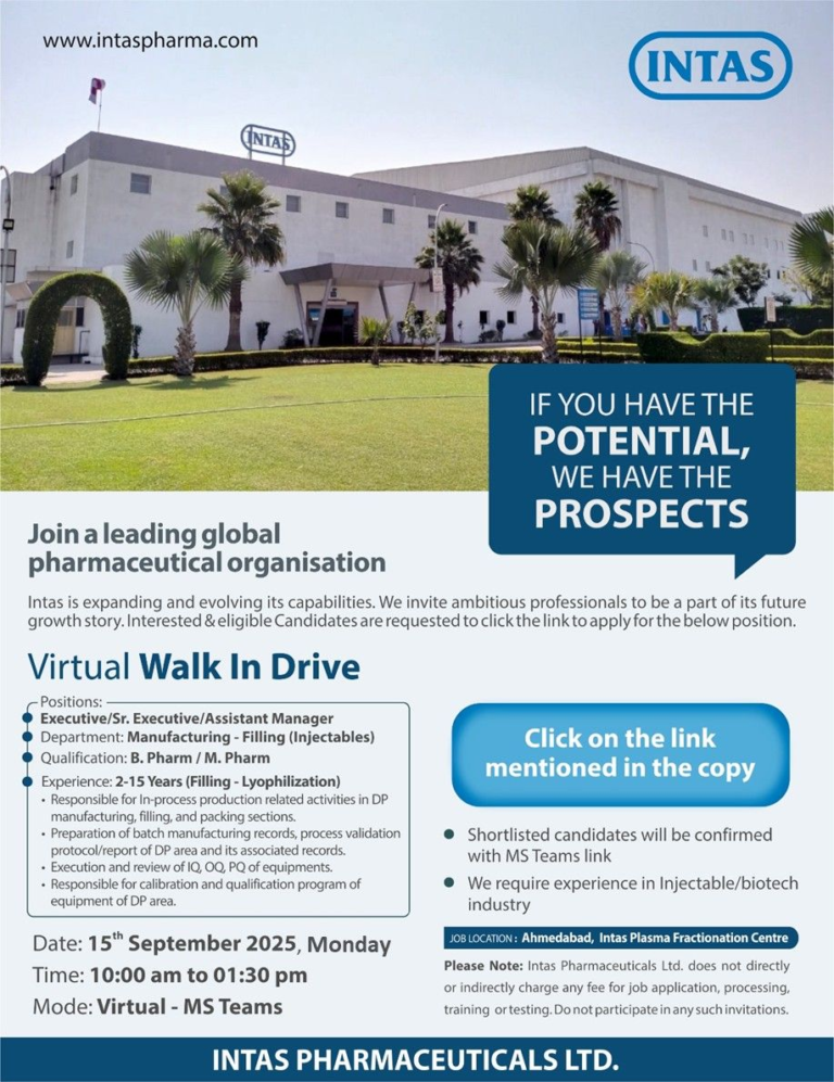 Intas Pharmaceuticals: Virtual Walk-In Drive for Pharma Jobs in ...