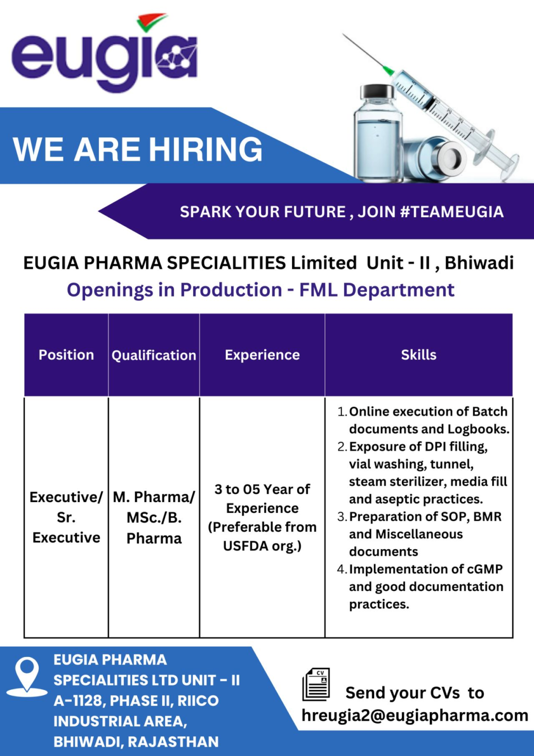 Eugia Pharma Specialities Hiring in Bhiwadi – Production (FML ...