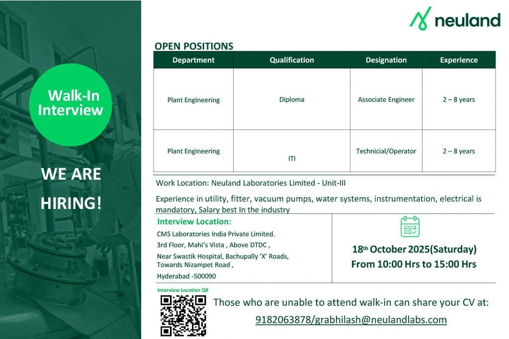 Neuland Laboratories Walk-in Drive for Associate Engineer and Operator ...
