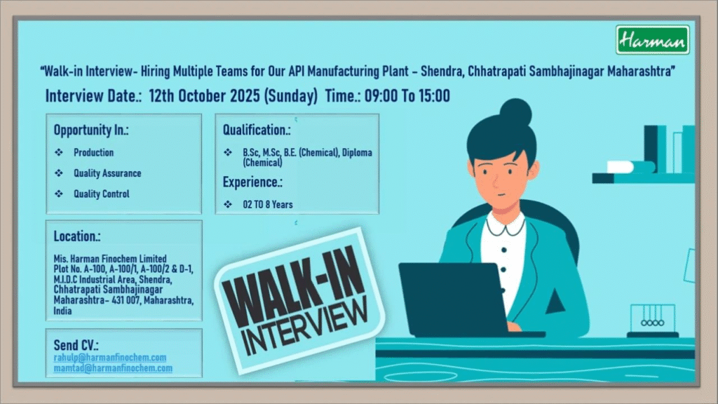 Walk-in Interview @ Harman Finochem - Job Openings for Production, QA, QC Roles 12th Oct ...