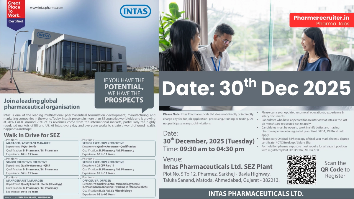 Intas Pharmaceuticals Walk-in Interview for QA, QC & Microbiology Jobs ...