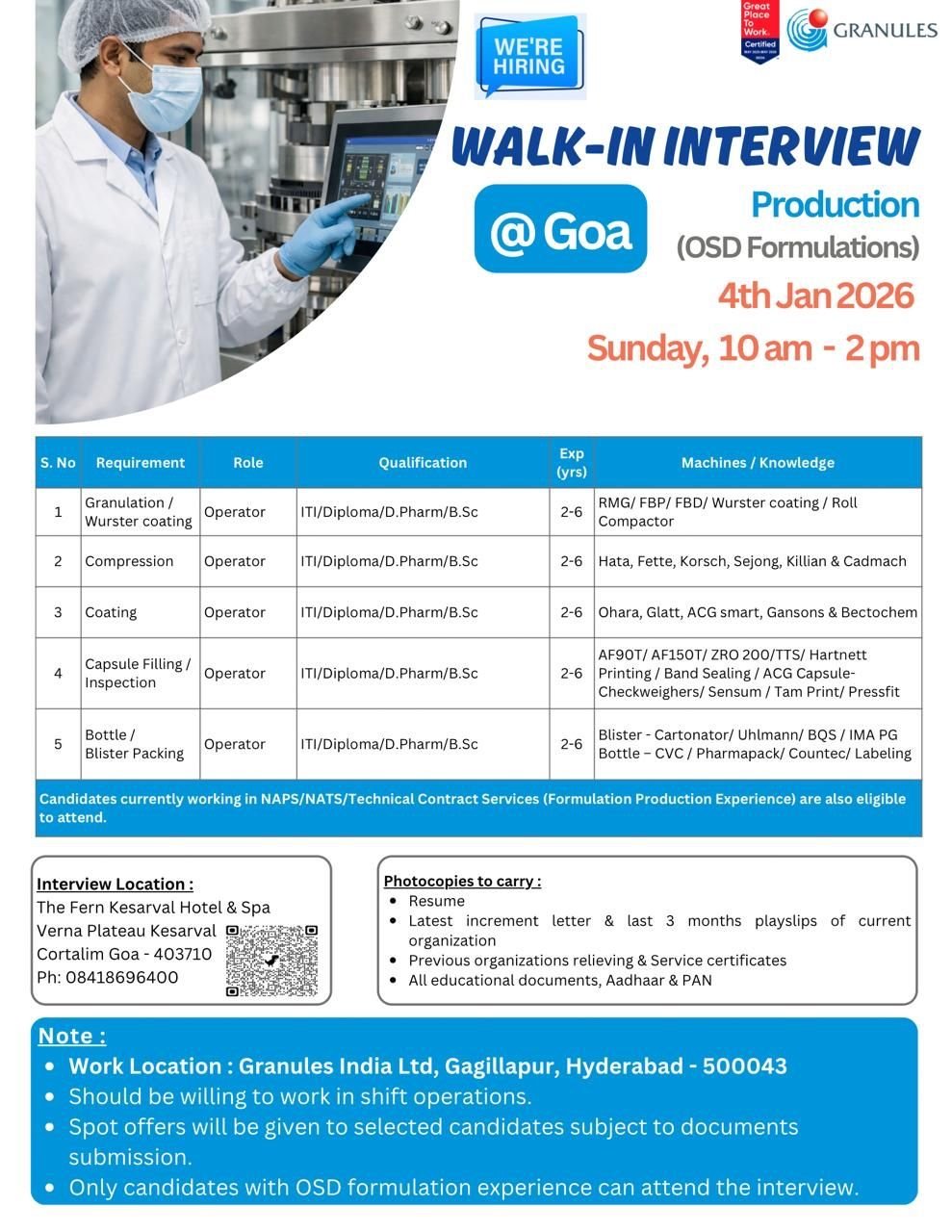 Granules India Walk-in Interview for Production Operators (OSD ...