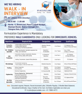 SP Accure Labs Walk-in Interview 2026: Injectable Production, QA, OSD ...