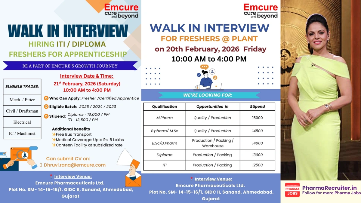 Emcure Pharmaceuticals Walk-in Interviews for Freshers & Apprentices ...