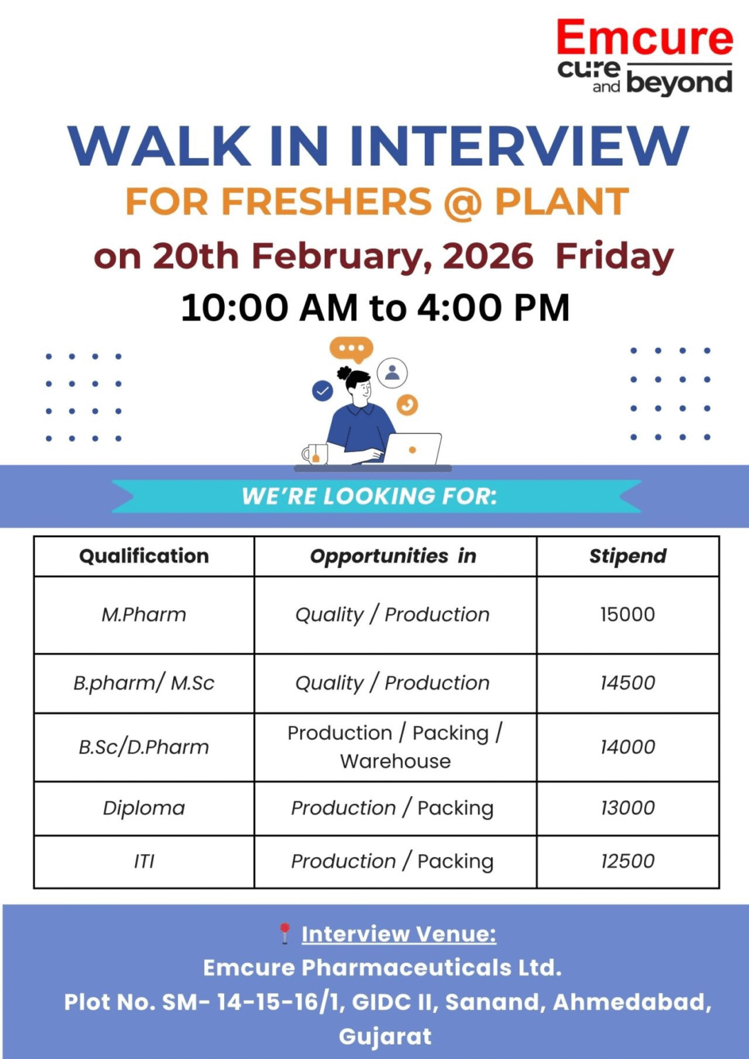 Emcure Pharmaceuticals Walk-in Interviews for Freshers & Apprentices ...