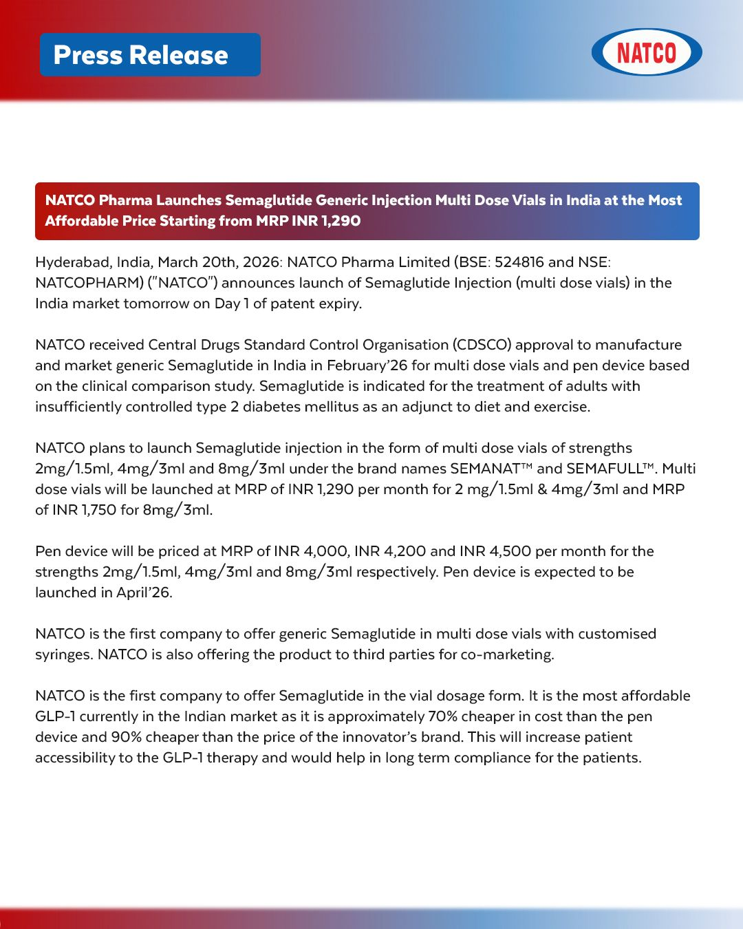 Natco Pharma Launches Affordable Generic Semaglutide Multi-Dose Vials ...