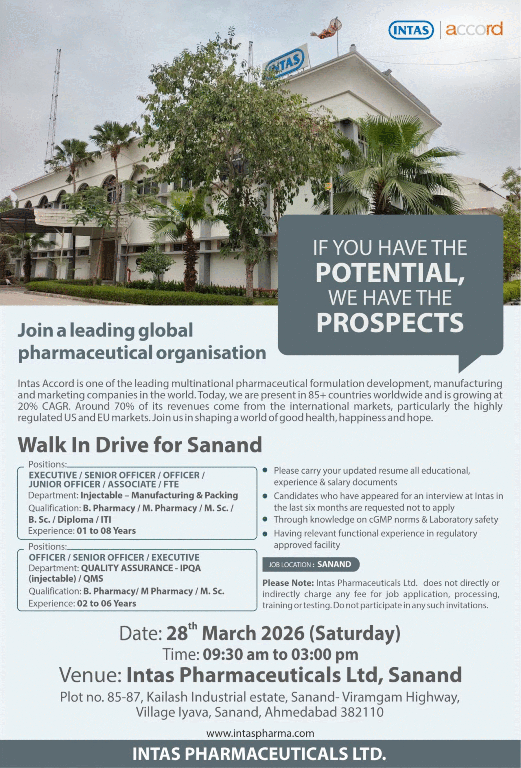Intas Pharmaceuticals Walk-in Drive – Injectable Manufacturing, Packing ...