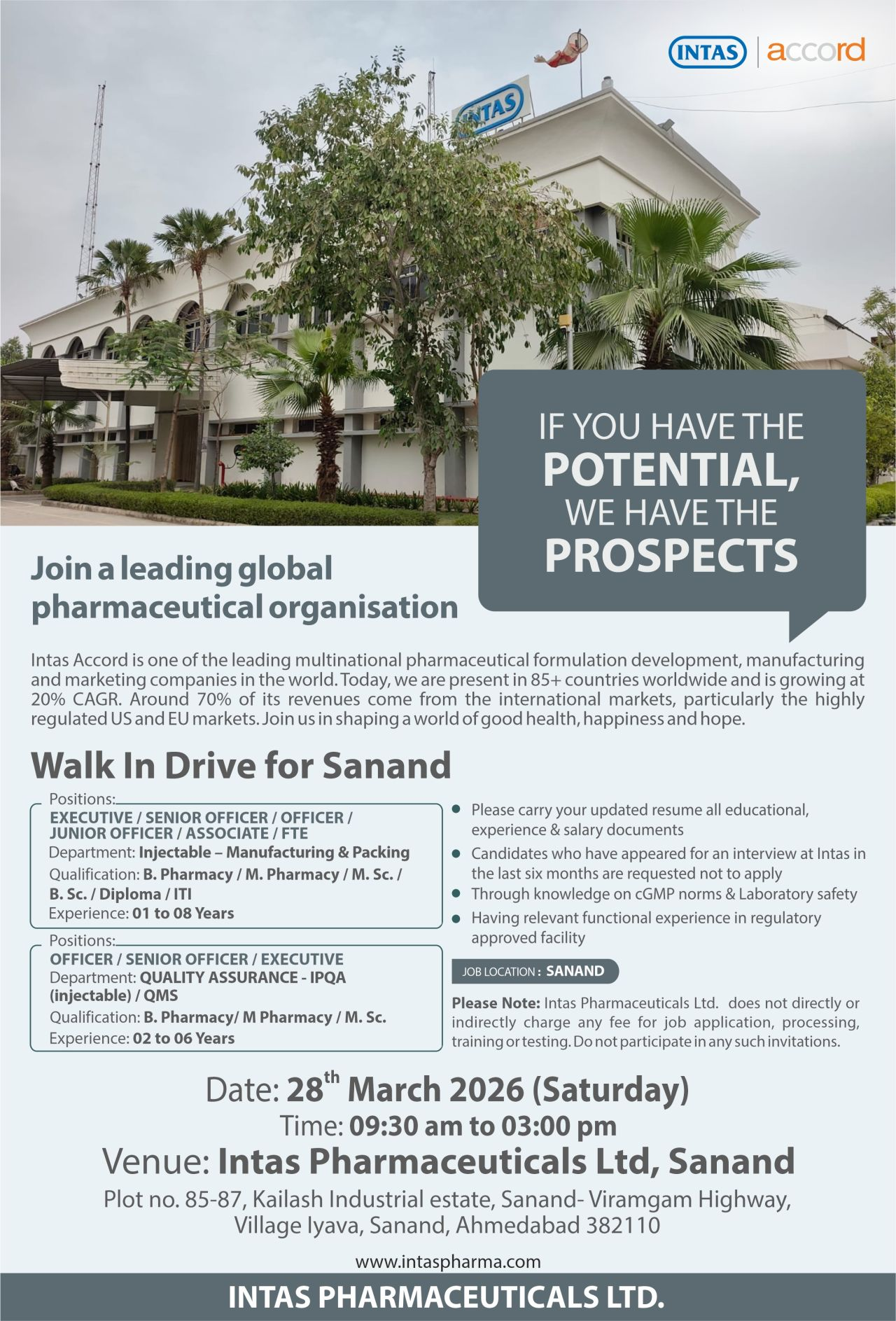 Intas Pharmaceuticals Walk-in Drive – Injectable Manufacturing, Packing ...