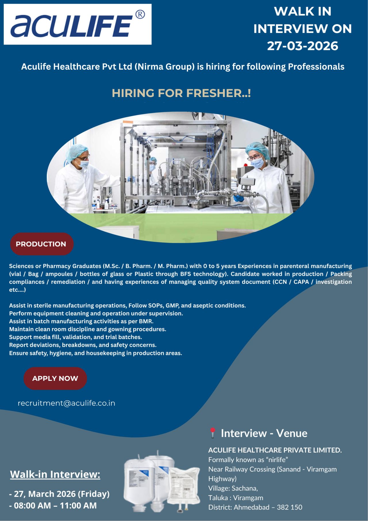 Aculife Healthcare Walk-in Interview – Fresher & Experienced Production ...