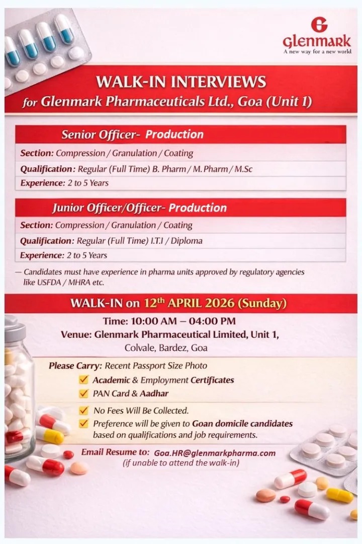 Glenmark Pharma Walk-In Interview for Production Roles in Goa on 12th ...