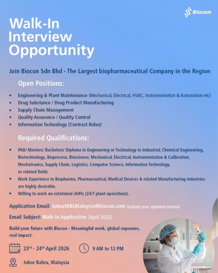 Biocon Walk-In Interview 2026: Pharma Jobs in Malaysia for Engineering ...