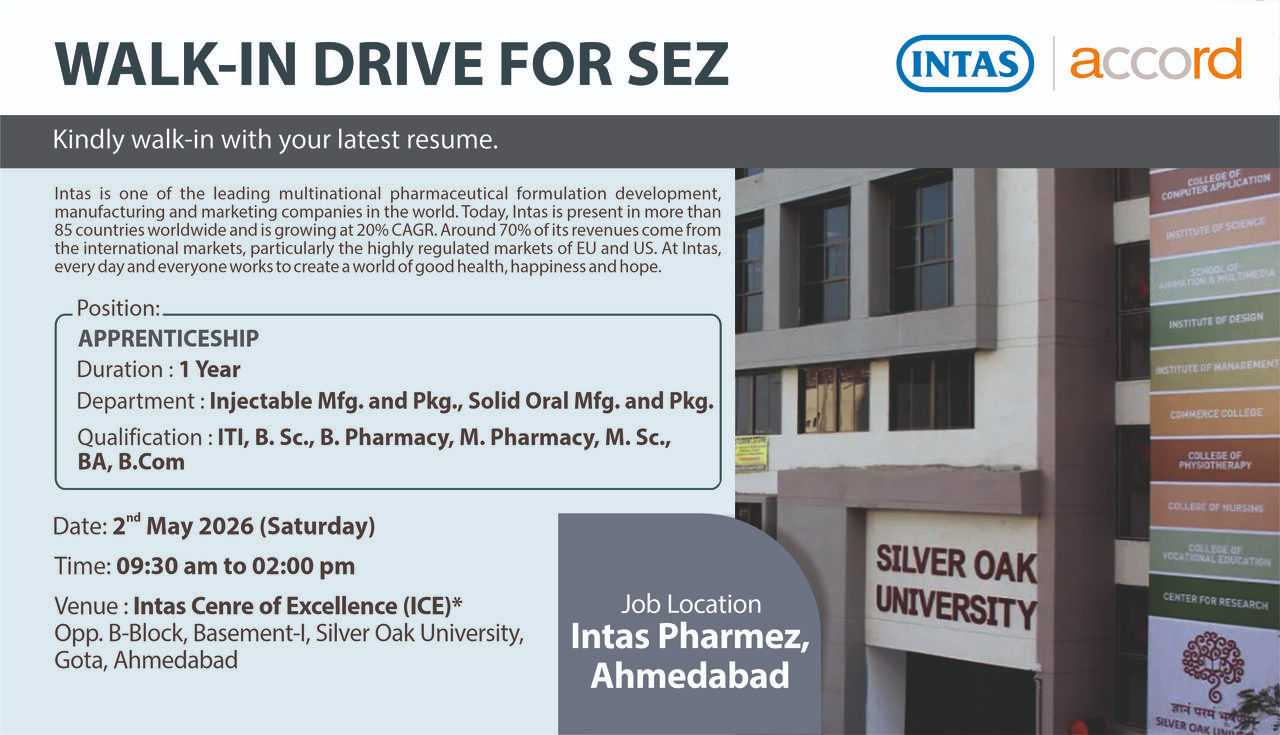 Intas Pharmaceuticals Walk-In Drive for Apprenticeship – Injectable ...