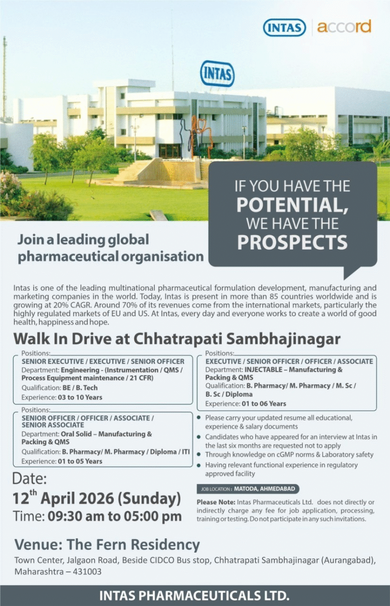 Intas Pharmaceuticals Walk-in Interview 2026 – Pharma Jobs in ...