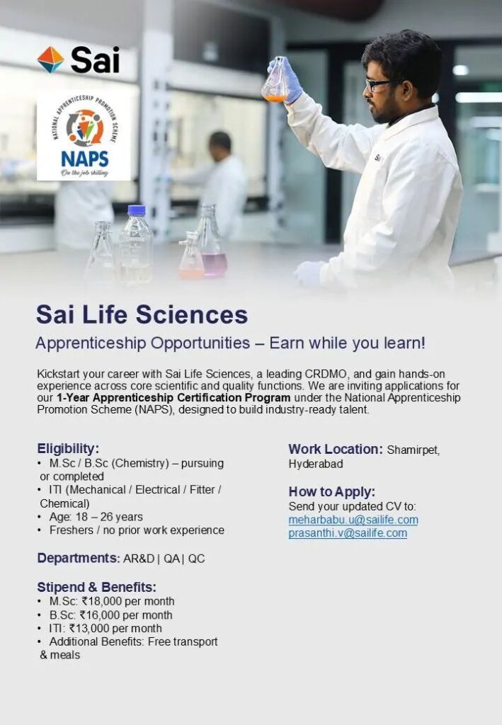 Sai Life Sciences Apprenticeship Program 2026 – Pharma Jobs for ...
