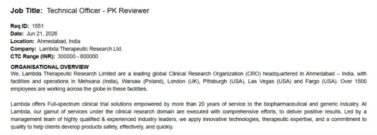 Lambda Therapeutic Research Hiring Technical Officer - PK Reviewer in ...