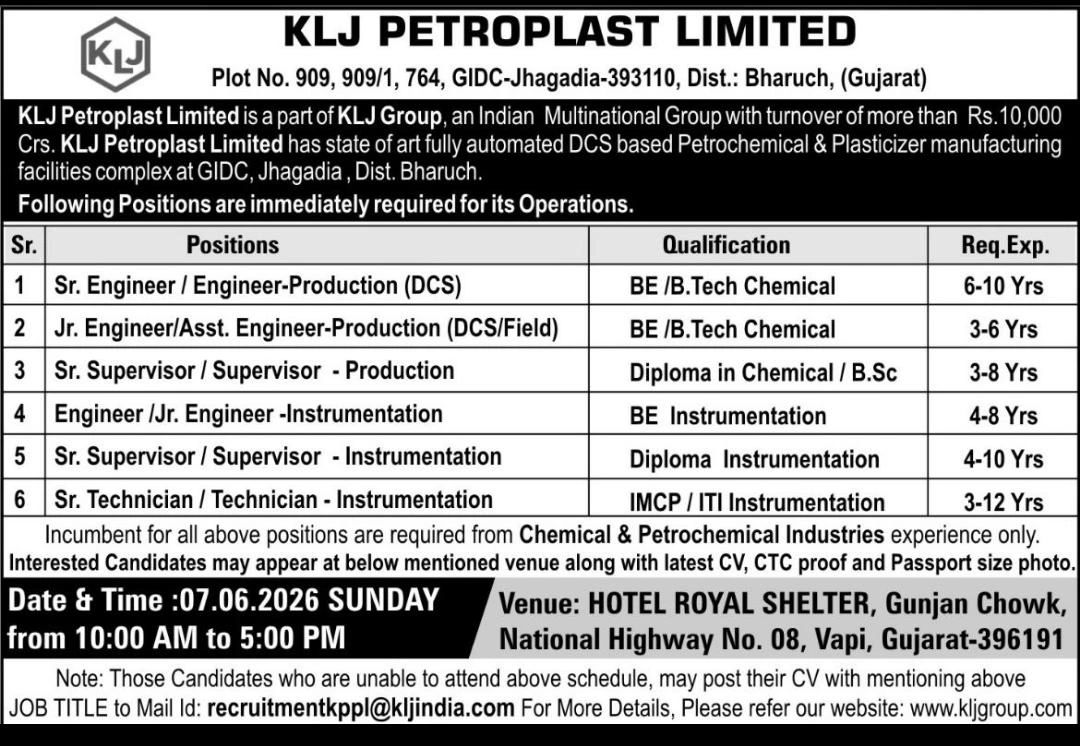 KLJ Petroplast Limited Walk-in Interview on 7th June 2026 – Production ...