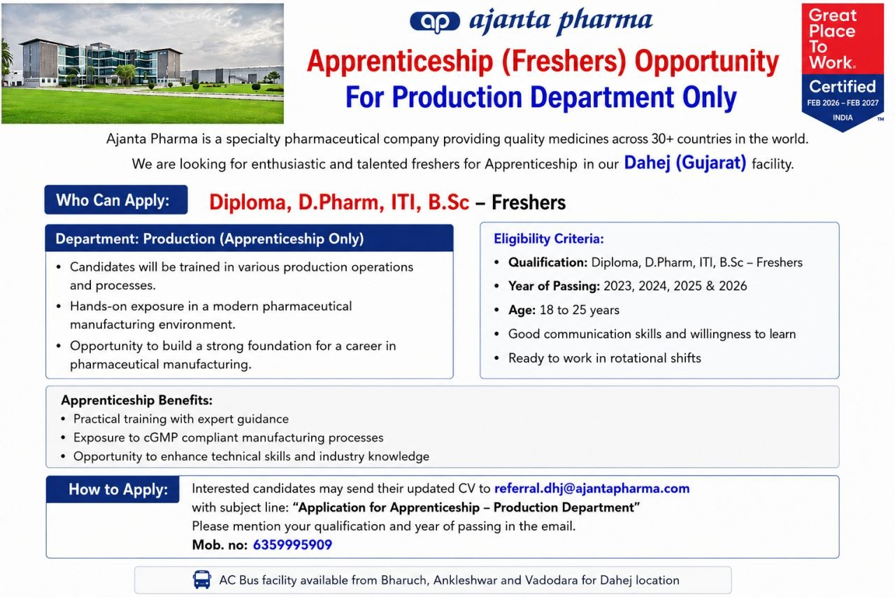 Ajanta Pharma Apprenticeship 2026 – Freshers Production Opportunity in ...