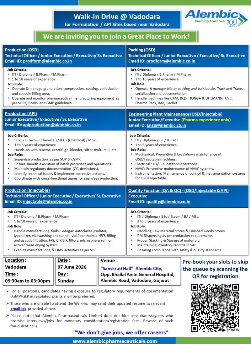 Alembic Pharmaceuticals Walk-In Interview 2026 – Production, API ...