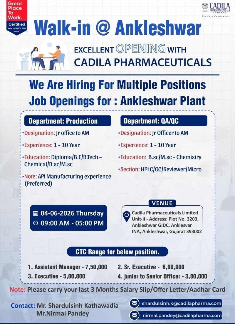 Cadila Pharmaceuticals Walk-In Interview 2026 – Production & QA/QC Jobs ...